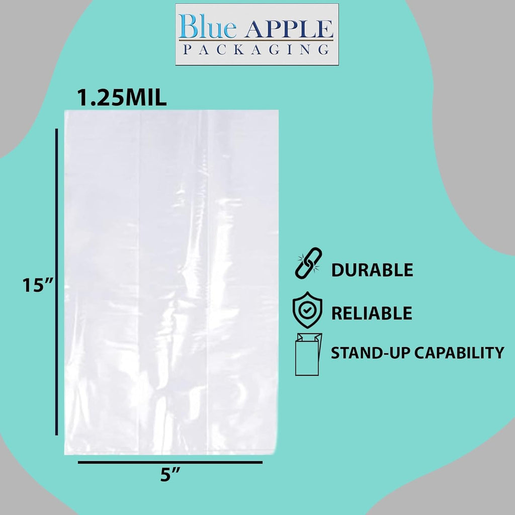 5X4.5X15 inches Gusseted Poly Bags Clear 1.25 Mil Low Density LDPE