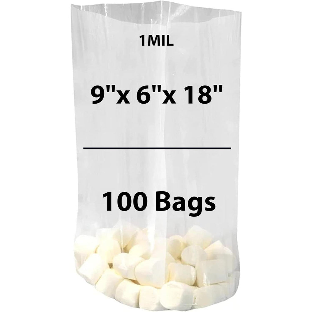 9X6X18 inches Gusseted Poly Bags Clear 1 Mil Low Density LDPE